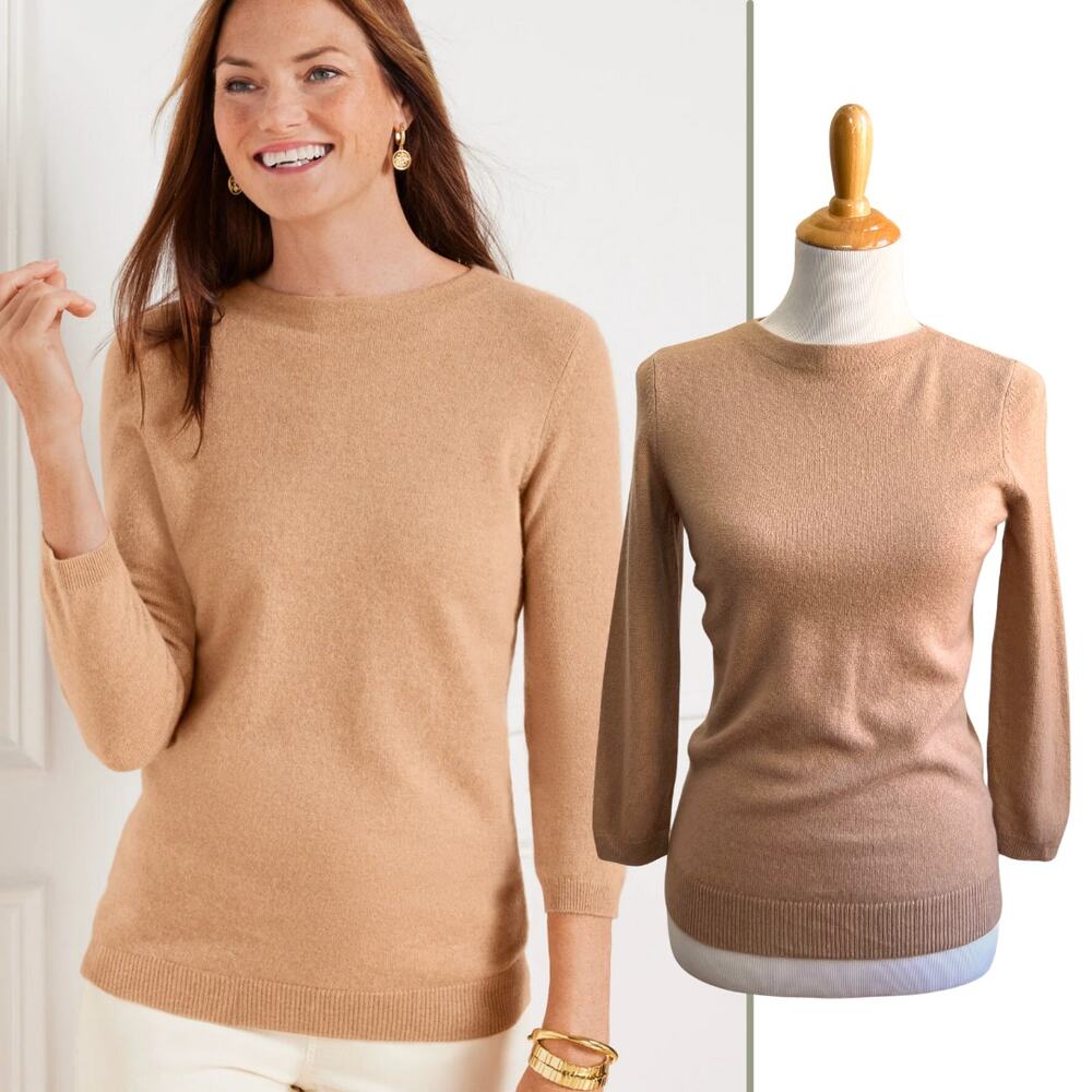 Talbots Tan 100% Cashmere 3/4 Sleeve Crewneck Audrey … - Gem
